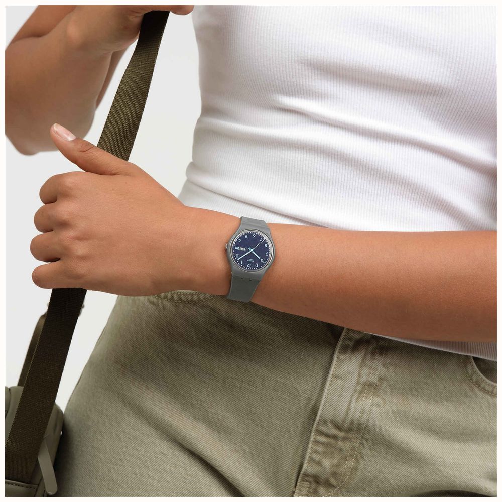Swatch TILE DIAL (34mm) Textured Dark Blue Dial / Grey Silicone Strap ...