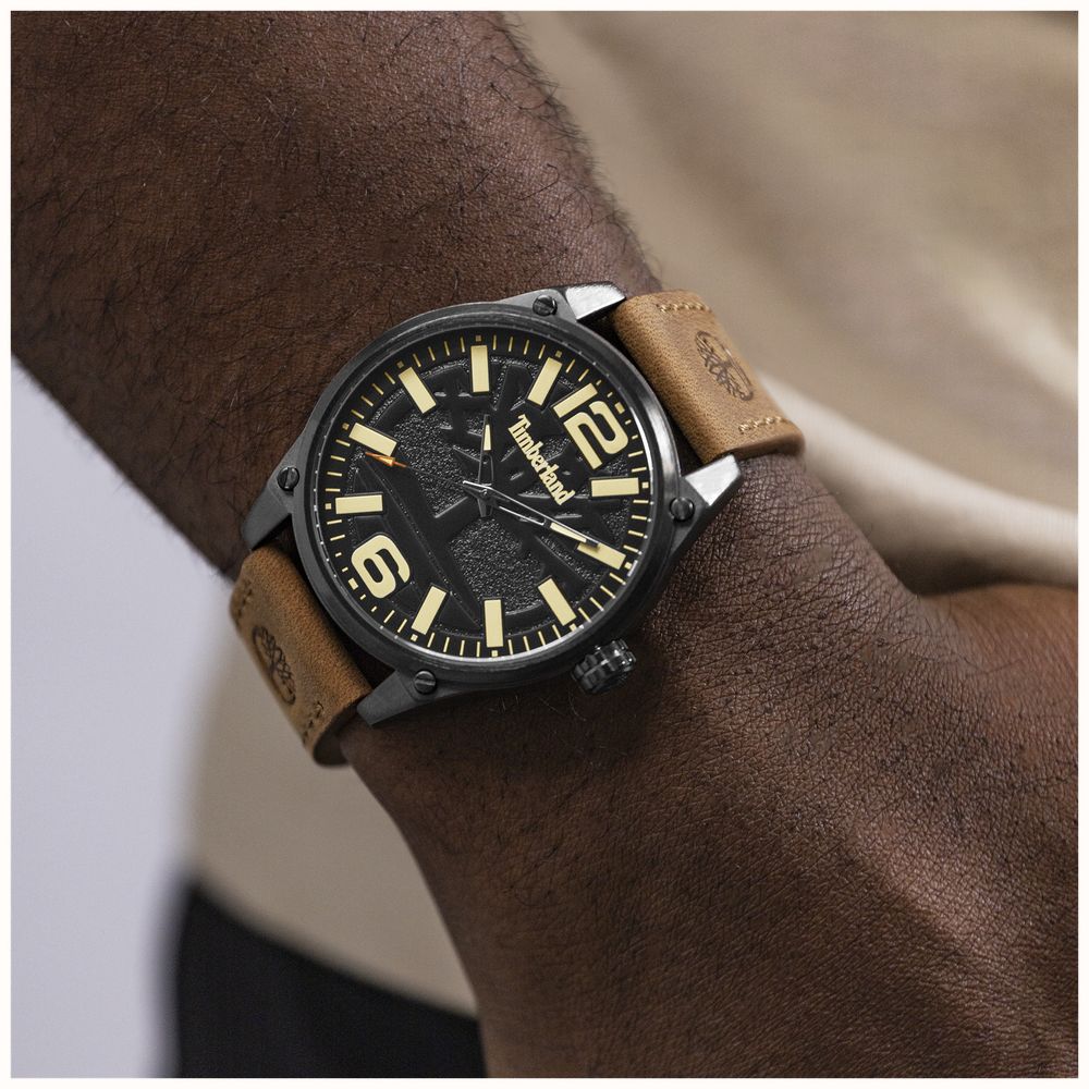 Timberland Ripley-Z Quartz (46mm) Black Dial / Brown Leather Strap ...