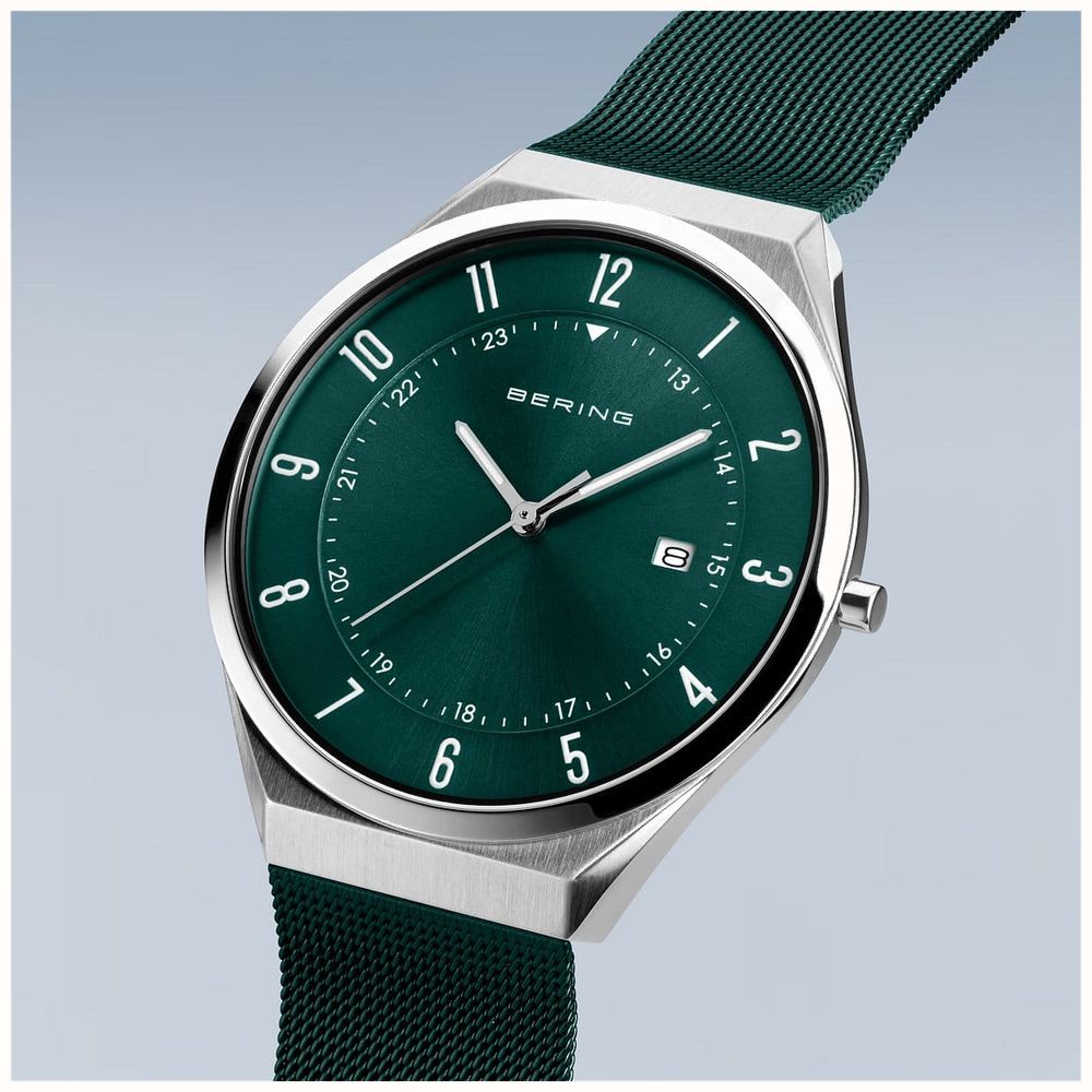 Bering Ultra Slim | Green Sunray Dial With Date Window | Green Milanese ...