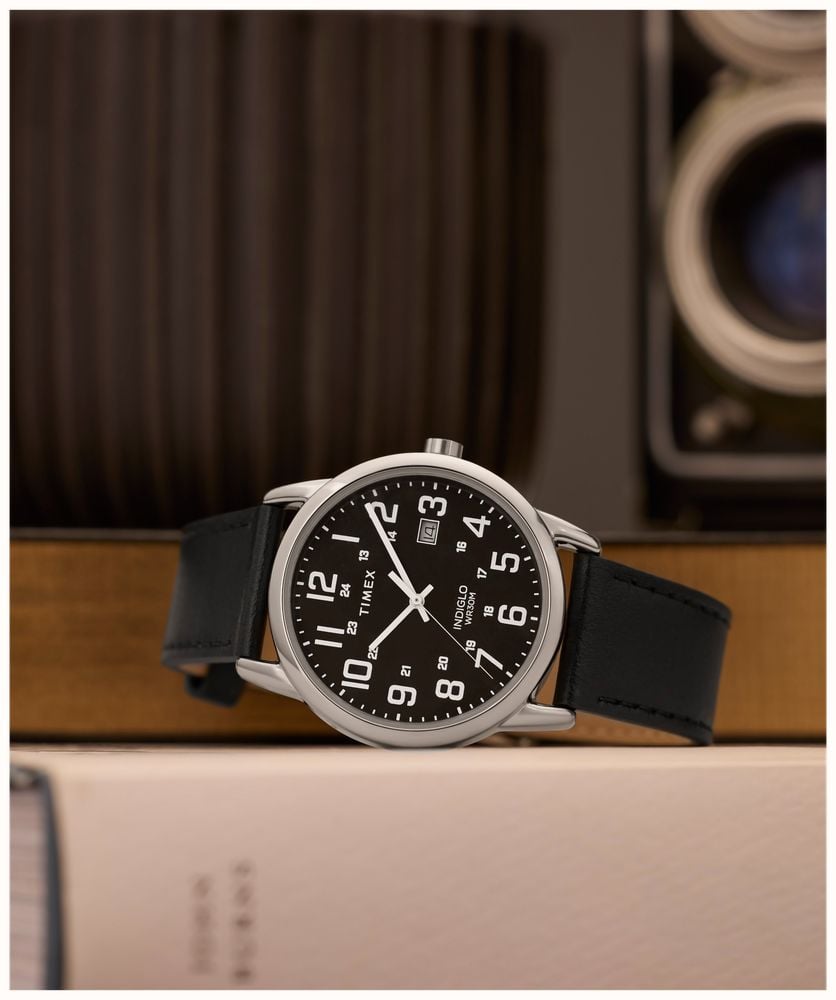 Timex Mens Easy Reader Classic | Black Leather Strap | Black Dial ...