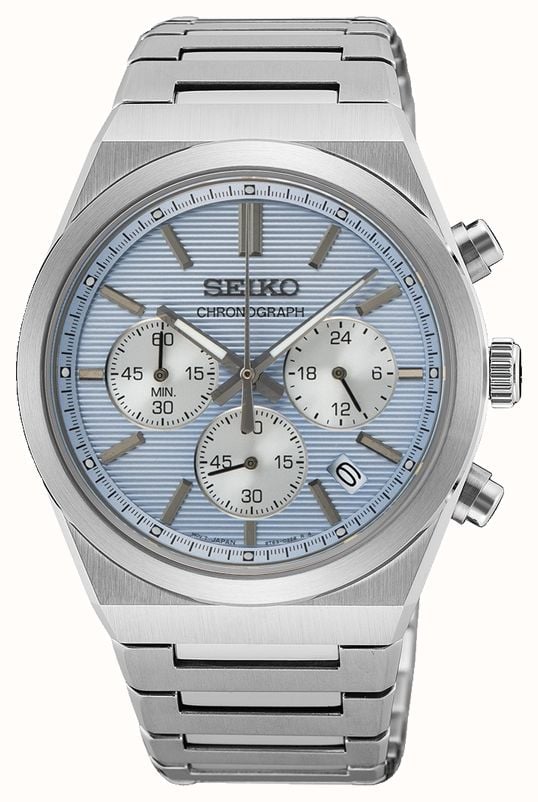 Seiko Essential Time Chronograph (40mm) Sky Blue Dial / Stainless Steel ...