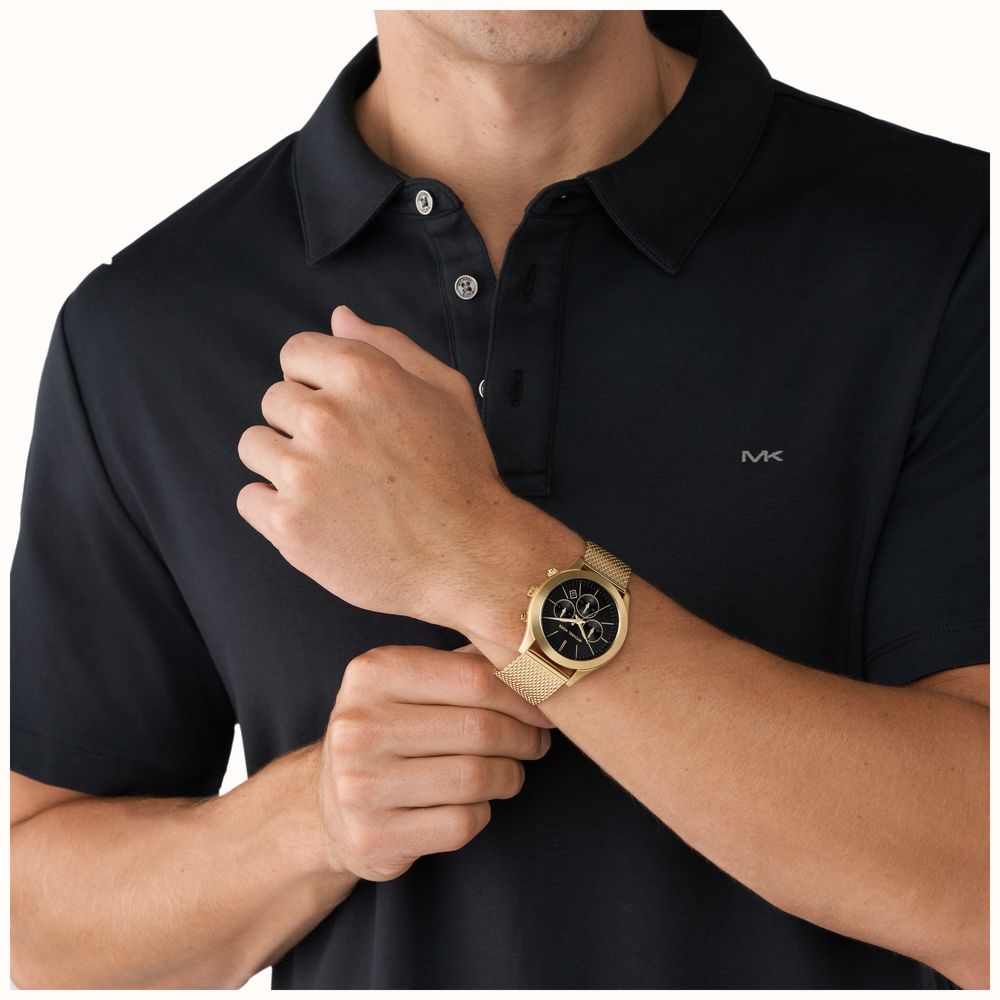 Michael Kors Slim Runway | Black Chronograph Dial | Gold Steel Mesh ...