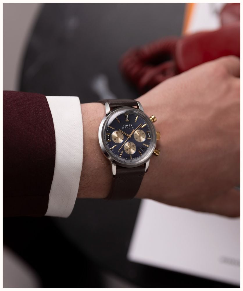 Timex Marlin Quartz Chrono (40mm) Blue Dial / Brown Leather Strap ...