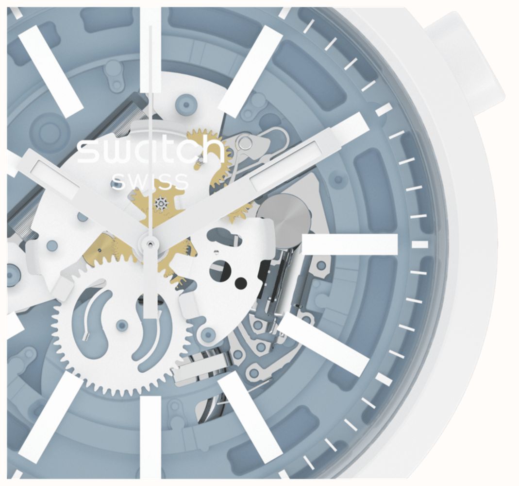 Swatch WHICE Big Bold Bioceramic (47mm) Blue Skeleton Dial / White ...