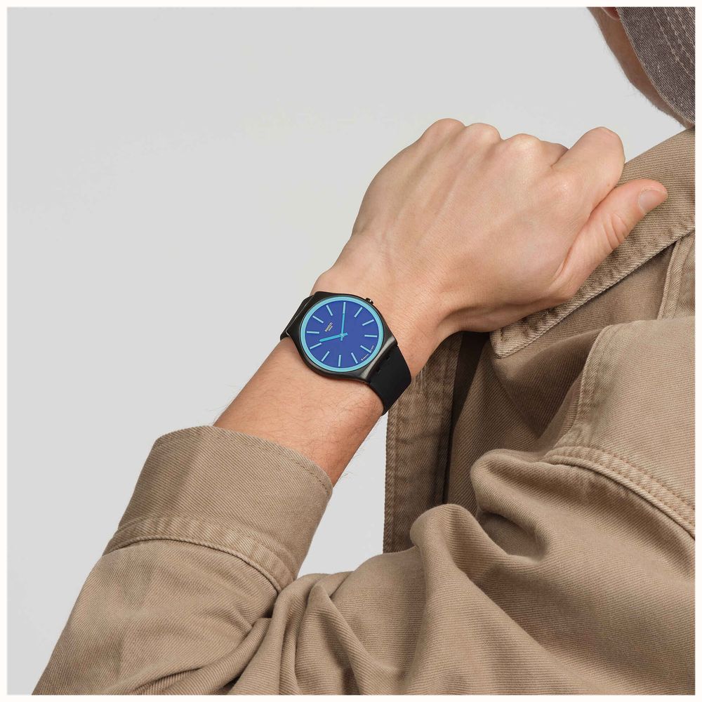Swatch OBSIDIAN SHIMMER (42mm) Blue Black Dial / Black Rubber Strap ...