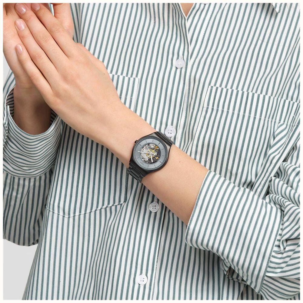 Swatch TRAIN THE HANDS (42mm) Silver Open Heart Dial / Black PVD ...