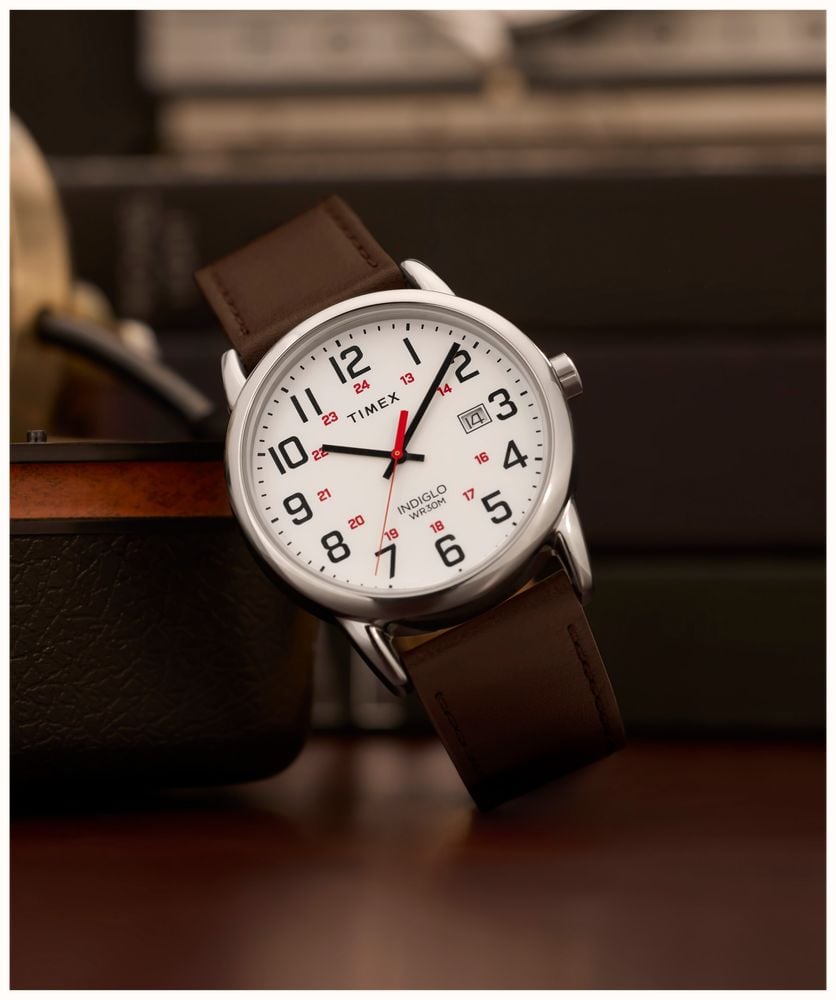 Timex Mens Easy Reader Classic | Brown Leather Strap | White Dial ...