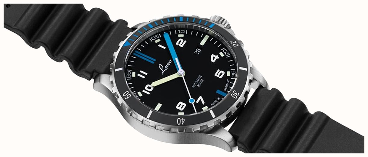 Laco Atlantik Automatic (42mm) Black & Blue Dial / Black Rubber Strap ...