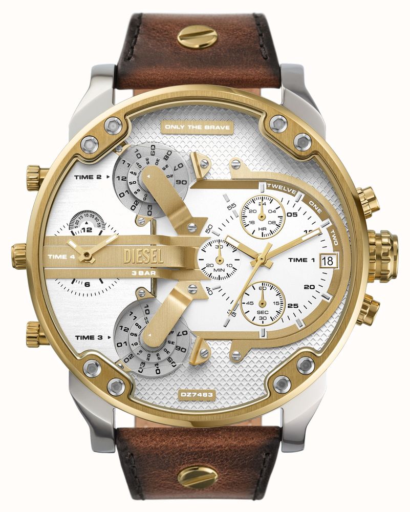 Diesel MR. DADDY 2.0 Multifunction (57mm) White & Gold Dial / Brown ...