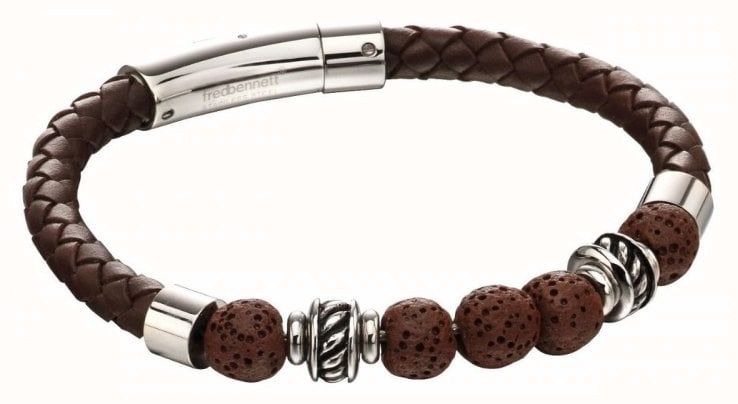 Fred Bennett Brown Lave Bead Leather Stainless Steel Bracelet B5141 ...