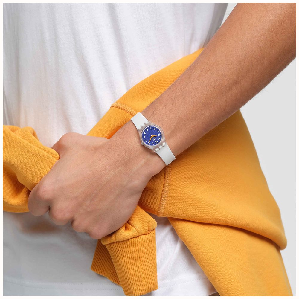 Swatch THE GOLD WITHIN YOU (25mm) Blue Dial / White Silicone Strap LE108 - First Class Watches™