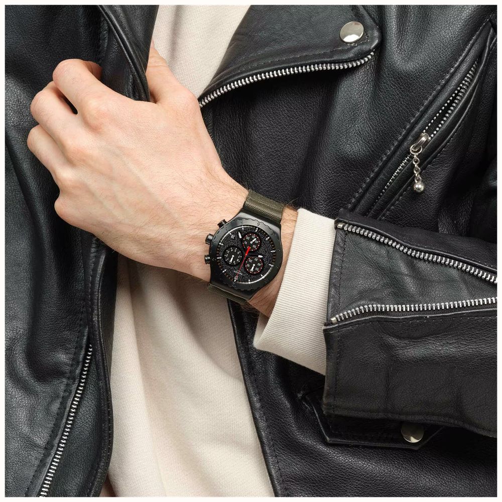 Swatch BY THE BONFIRE Chronograph (43mm) Black Dial / Khaki Textile ...