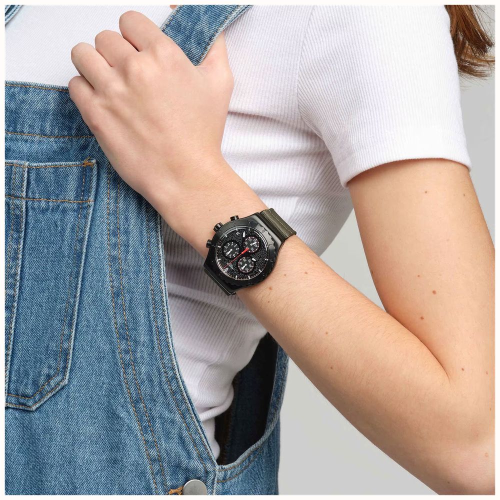 Swatch BY THE BONFIRE Chronograph (43mm) Black Dial / Khaki Textile ...