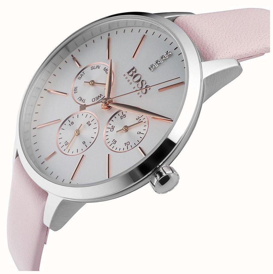 BOSS Silver Dial Day & Date Sub Dial Crystal Set Pink Leather 1502419 ...