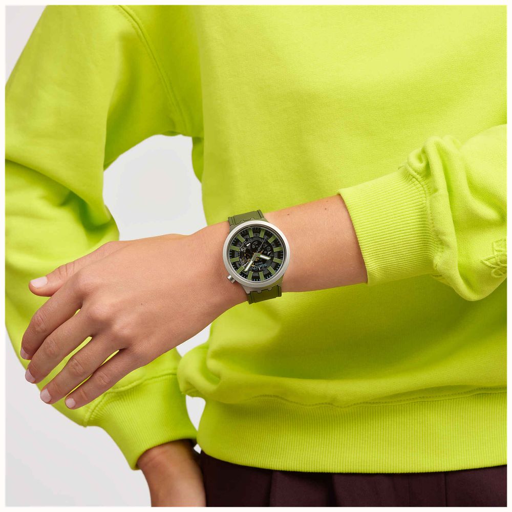 Swatch THRU THE UNDERBRUSH (47mm) Transparent Dial / Green Rubber Strap ...
