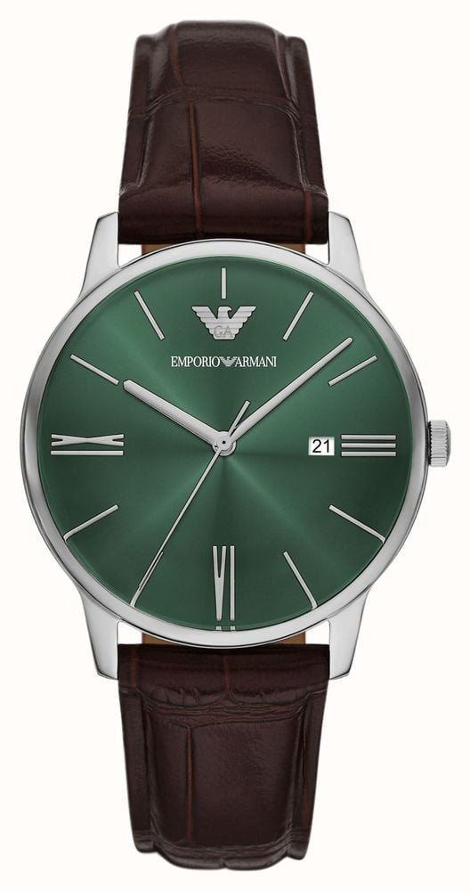 Emporio Armani Three-Hand Quartz (39mm) Green Dial / Brown Leather ...