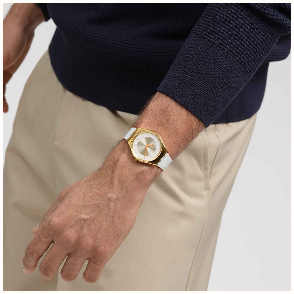 Swatch PEARL GLEAM (38mm) White And Silver Dial / White Leather Strap ...