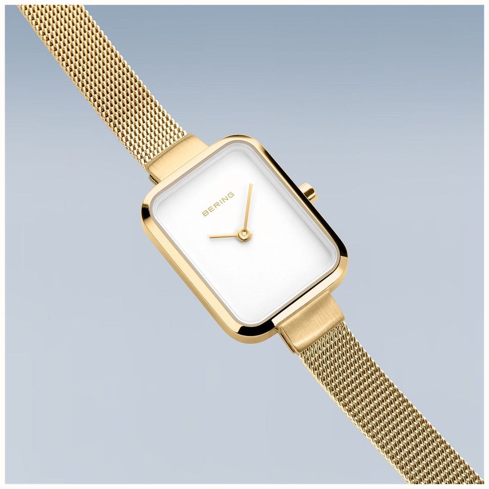 Bering Classic Petite Square | White Dial | Gold PVD Steel Mesh 14520 ...