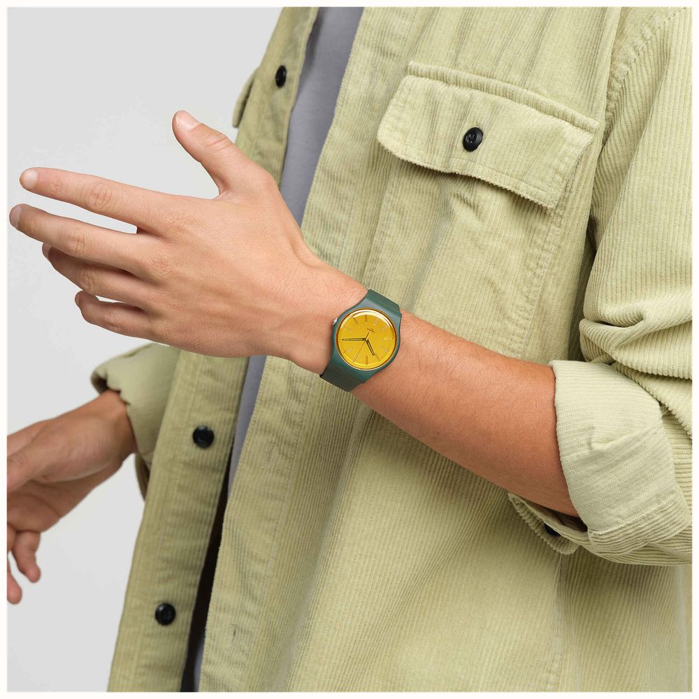 Swatch GOLD IN THE GARDEN (41mm) Yellow Dial / Green Bio-Sourced Strap ...