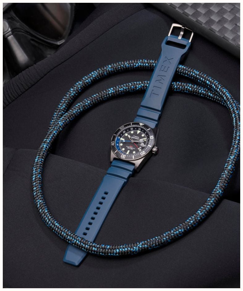 Timex Deepwater Reef 200 GMT (41mm) Black Dial / Blue Synthetic Rubber ...