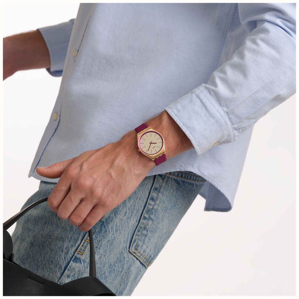 Swatch ALPINE BERRY (38mm) Gold Gitter Effect Dial / Dark Pink Leather ...
