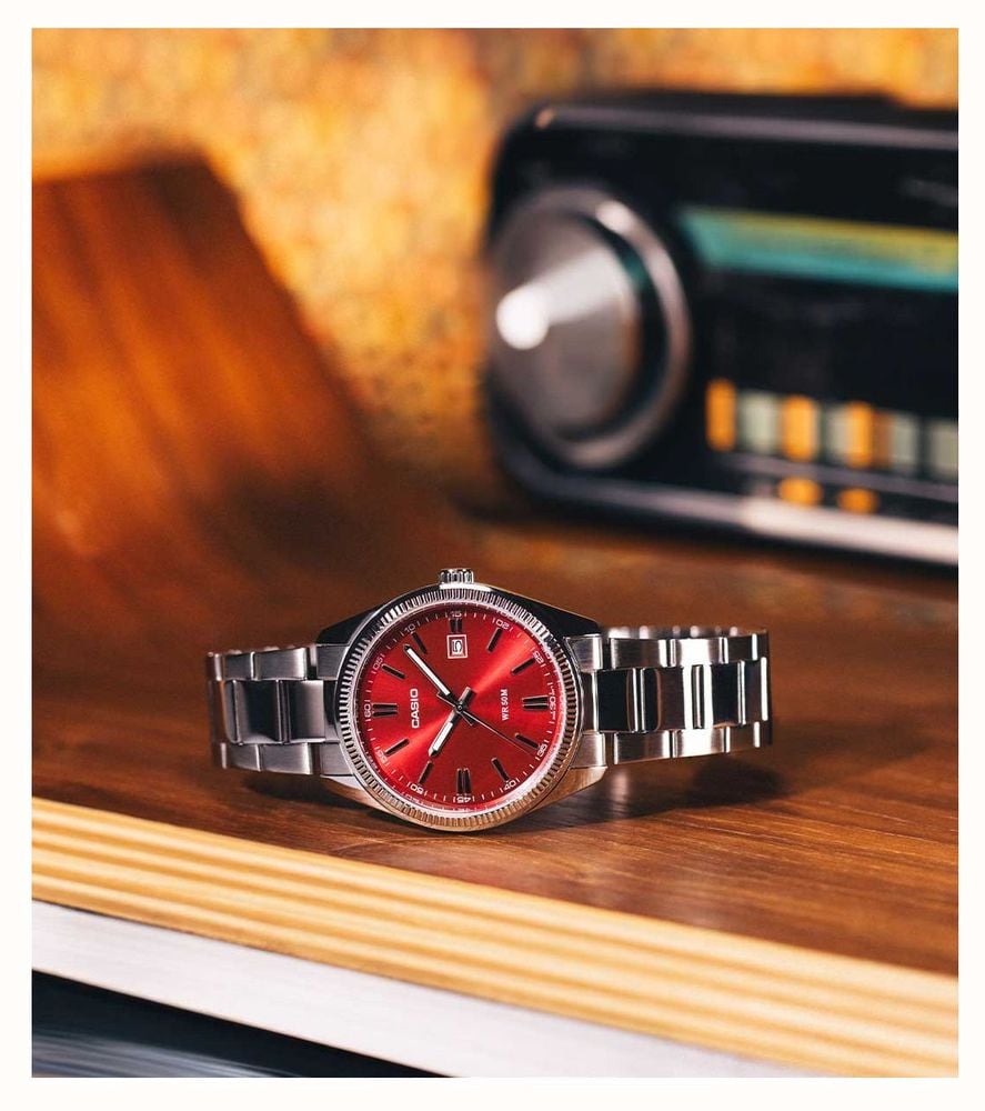 Casio MTP Series Analogue Quartz (38.5mm) Cherry Red Sunray Dial ...