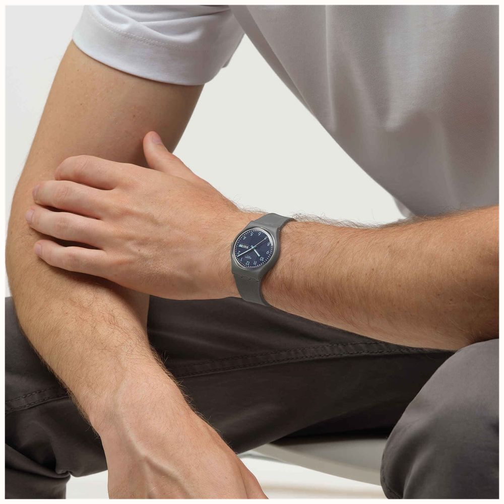 Swatch TILE DIAL (34mm) Textured Dark Blue Dial / Grey Silicone Strap ...