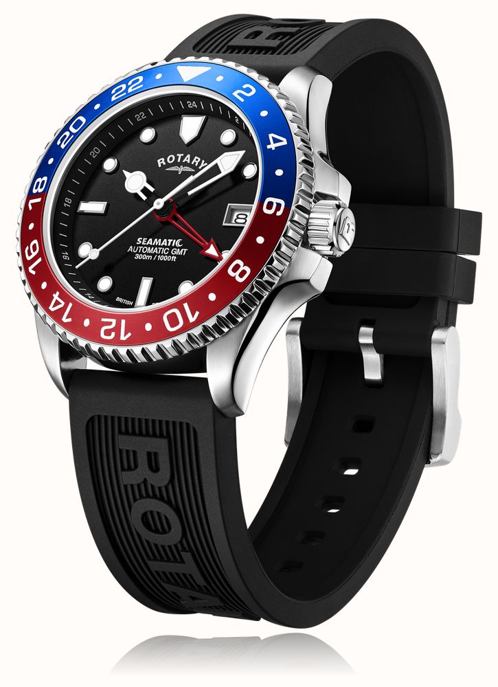 Rotary Men's Seamatic Automatic GMT (42mm) Black Dial / Black Silicone ...