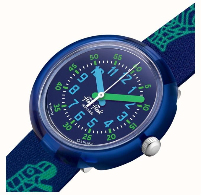 Flik Flak CYBEROZAURUS (31.85mm) Blue Dial / Blue Fabric Strap FPNP135 ...