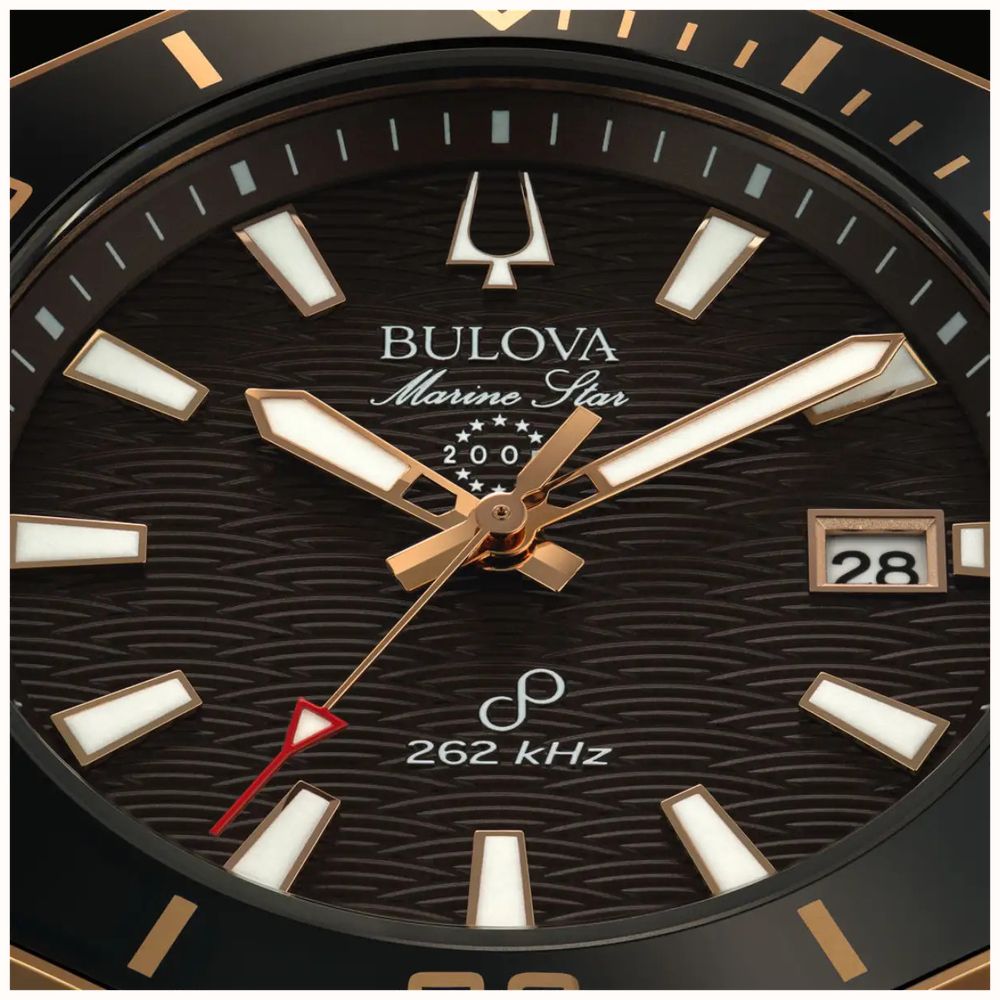 Bulova Marine Star Quartz (43mm) Brown Patterned Dial / Black Rubber ...