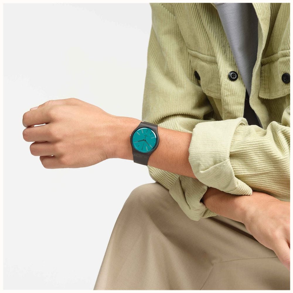 Swatch DARK DUALITY (41mm) Teal Dial / Brown Bio-Sourced Strap SO29C100 ...