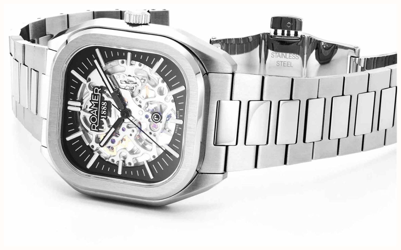 Roamer Mechano Hand Wound (39.5mm) Black Skeleton Dial / Stainless ...