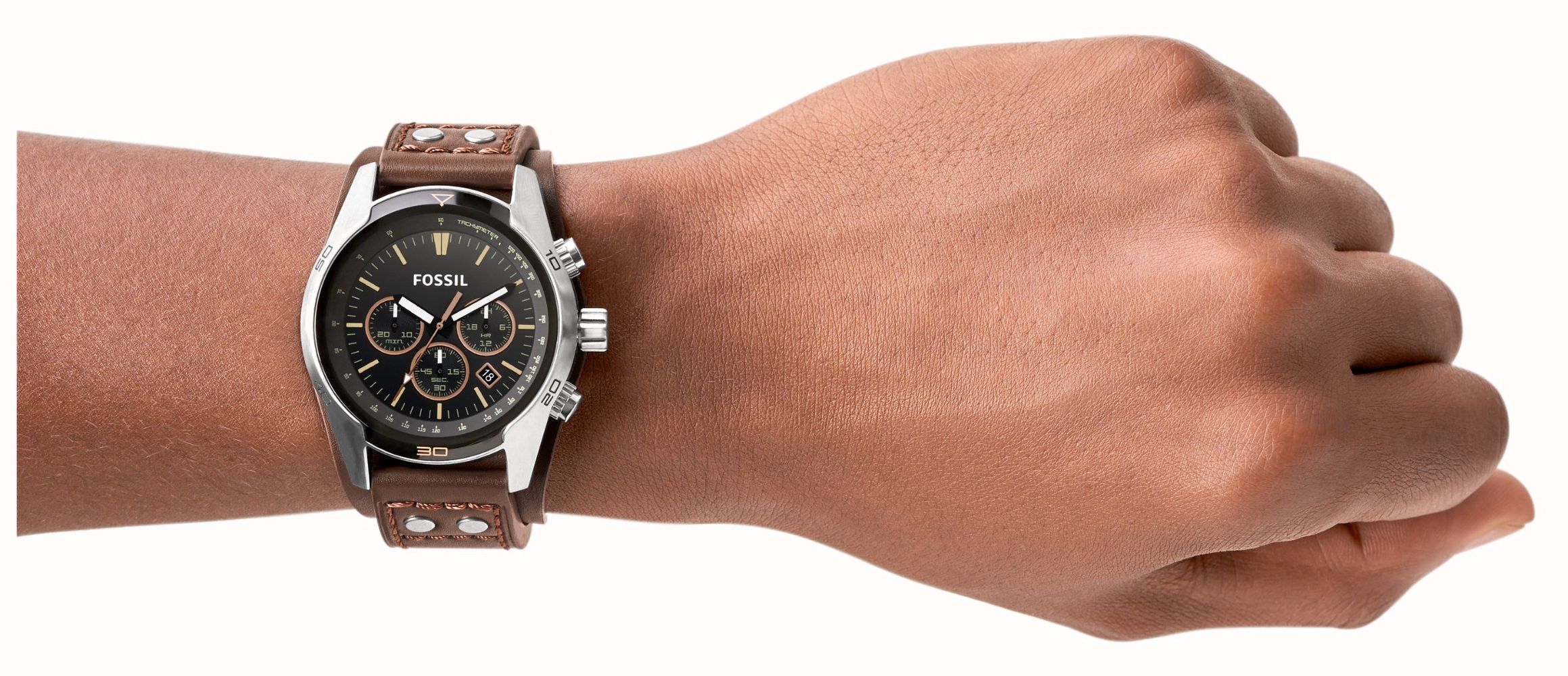 Fossil Men's Coachman | Black Chronograph Dial | Brown Leather Cuff ...