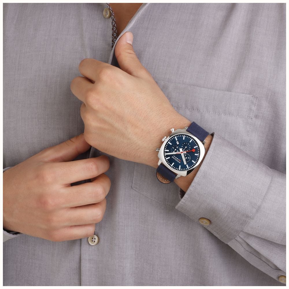 Mondaine SBB Grand Cushion Chronograph (41mm) Blue Dial / Blue Textile ...