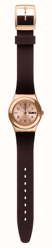 Swatch BROWNEE (33mm) Rose Gold Dial / Brown Silicone Strap YLG701 ...