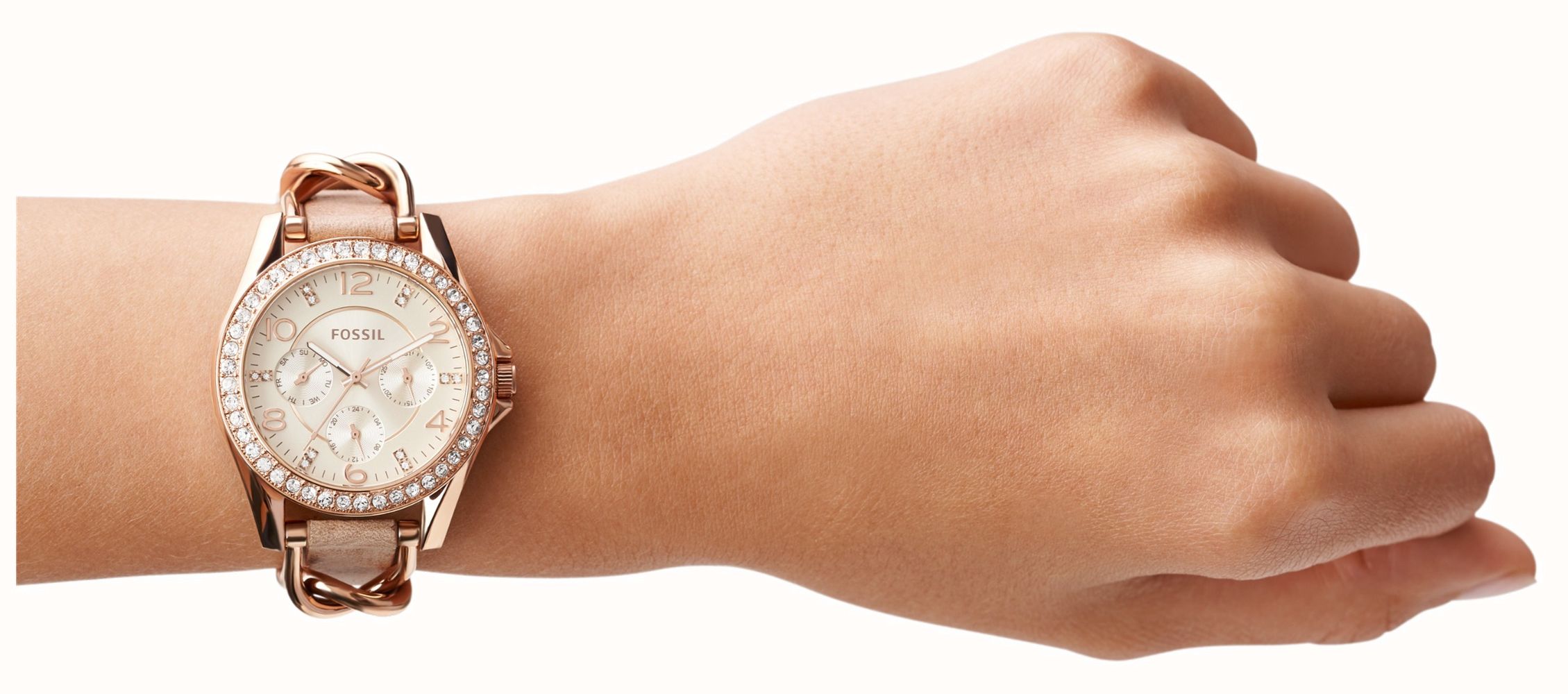Fossil Women's Riley | Champagne Dial | Brown Leather And Rose Gold ...