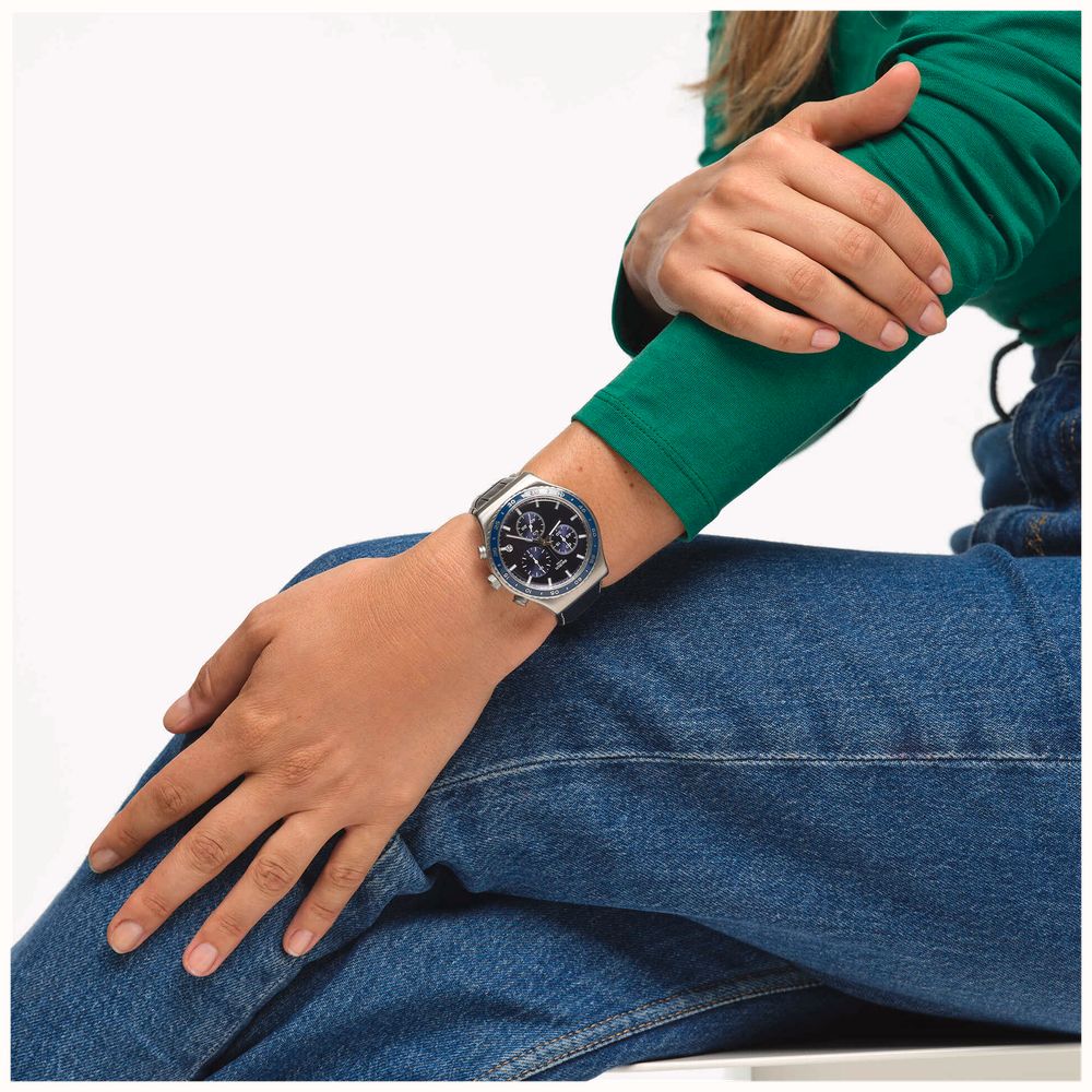 Swatch COBALT LAGOON (43mm) Blue Chronograph Dial / Black Leather Strap ...