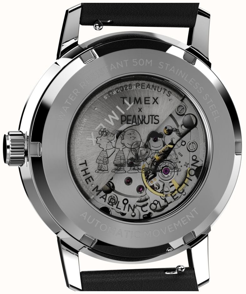 Timex X Peanuts Space Marlin Automatic (40mm) Silver Dial / Black Leather Strap TW2W87200 ...