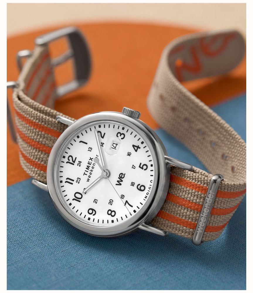 Timex Weekender INDIGLO (40mm) White Dial / Tan & Orange Striped Fabric Strap TW2Y08900 - First ...