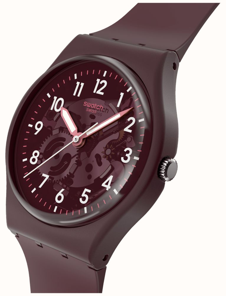 Swatch THRU THE CROWN GLASS (34mm) Transparent Burgundy Dial / Burgundy ...