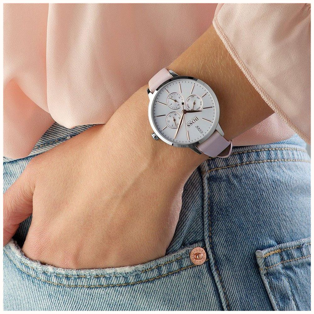 BOSS Silver Dial Day & Date Sub Dial Crystal Set Pink Leather 1502419 ...