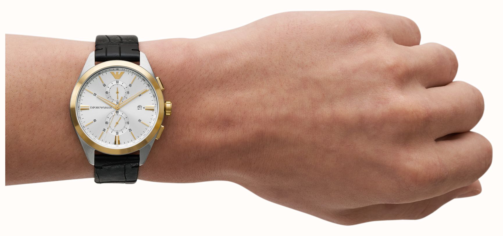 Emporio Armani Men's | Silver Chronograph Dial | Black Leather Strap ...