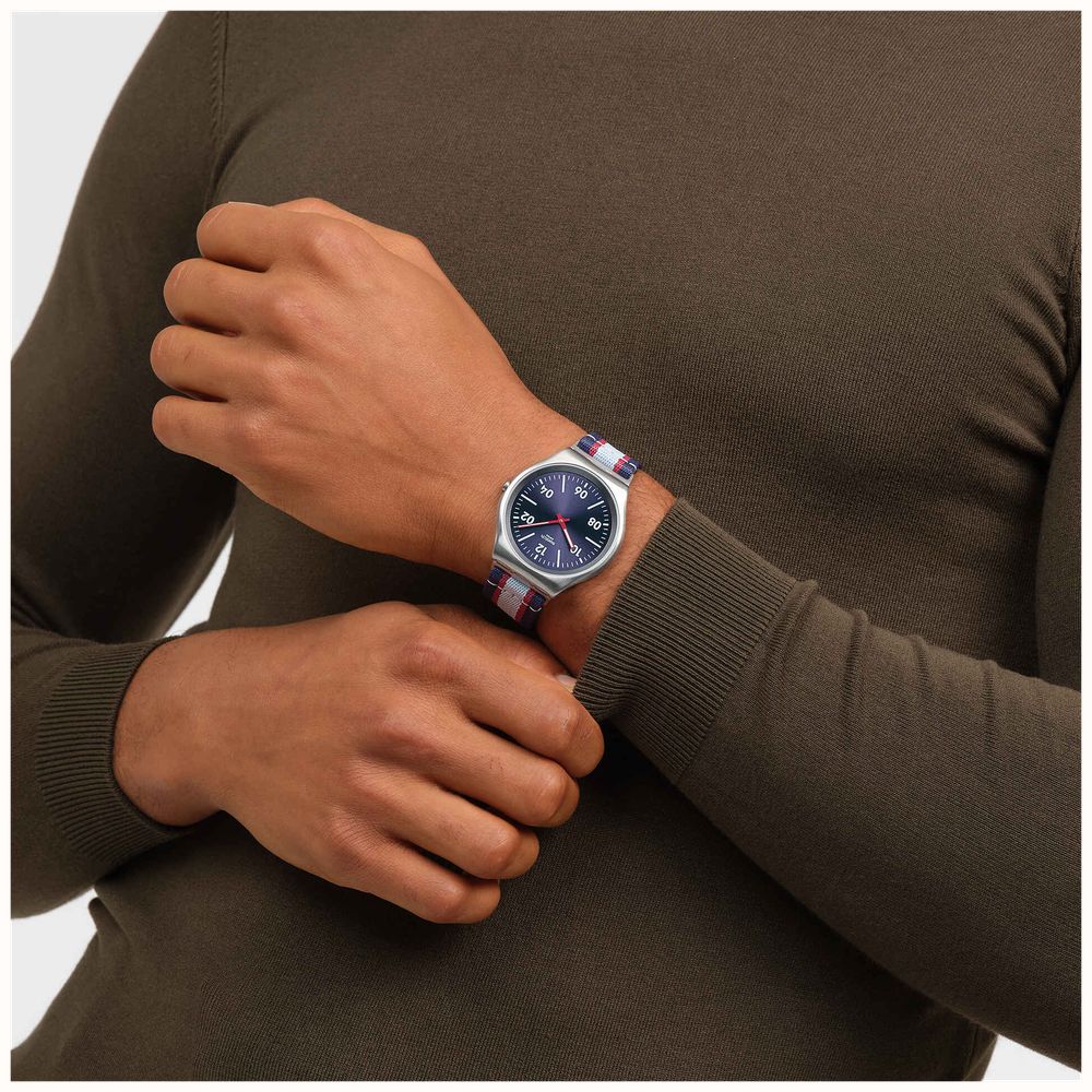 Swatch BESIDE THE SEA (42mm) Blue Sun-Brushed Dial / Blue & Burgundy ...
