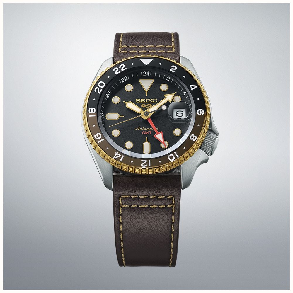 Seiko 5 Sports SKX GMT Mocha Black Dial / Brown Leather Strap SSK036K1 - First Class Watches™