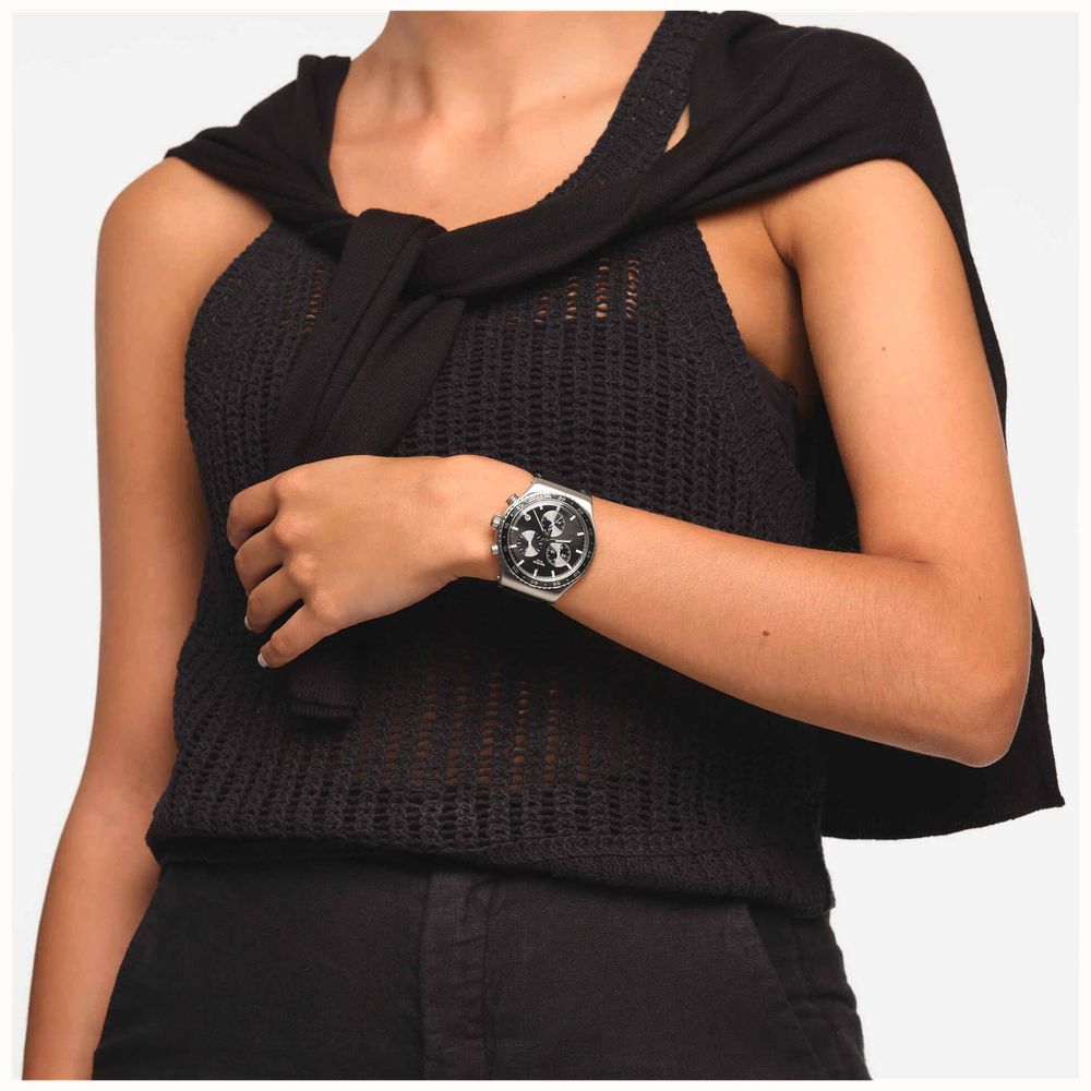 Swatch IRONY AT NIGHT (43mm) Black Chronograph Dial / Black Leather ...