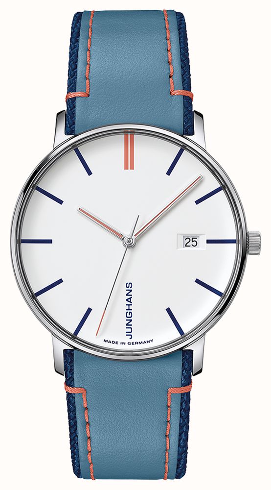 Junghans FORM Quartz (39.9mm) White Dial / Blue Vegan Leather Strap 41/ ...