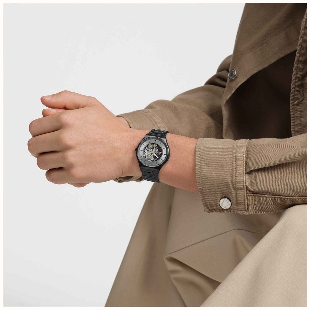 Swatch TRAIN THE HANDS (42mm) Silver Open Heart Dial / Black PVD ...