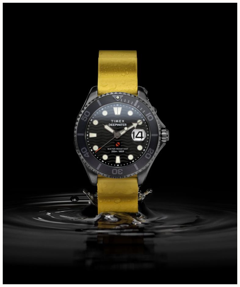 Timex Deepwater Meridian 200 (44mm) Black Wave Dial / Yellow Synthetic ...