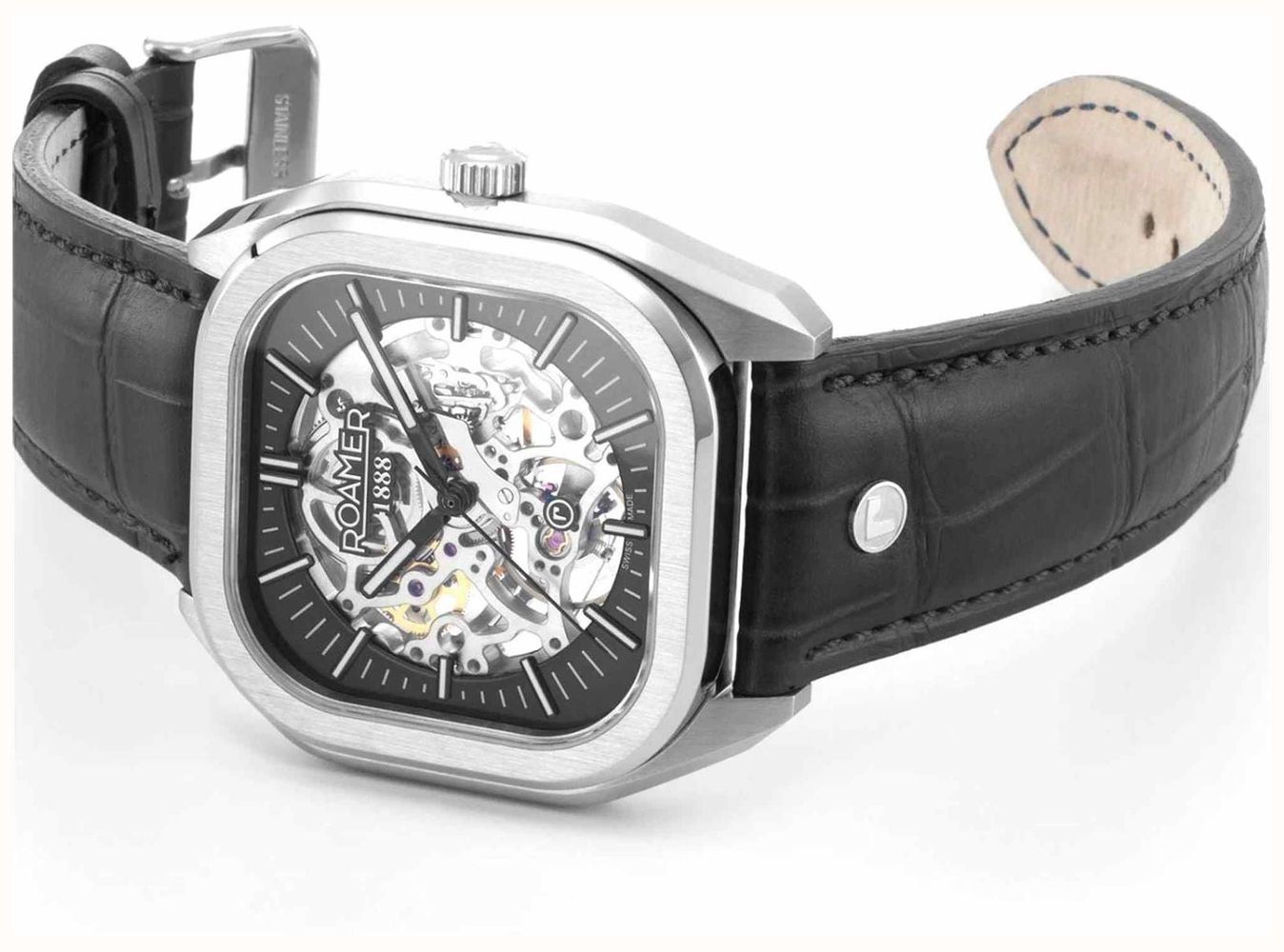 Roamer Mechano Hand Wound (39.5mm) Black Skeleton Dial / Stainless ...