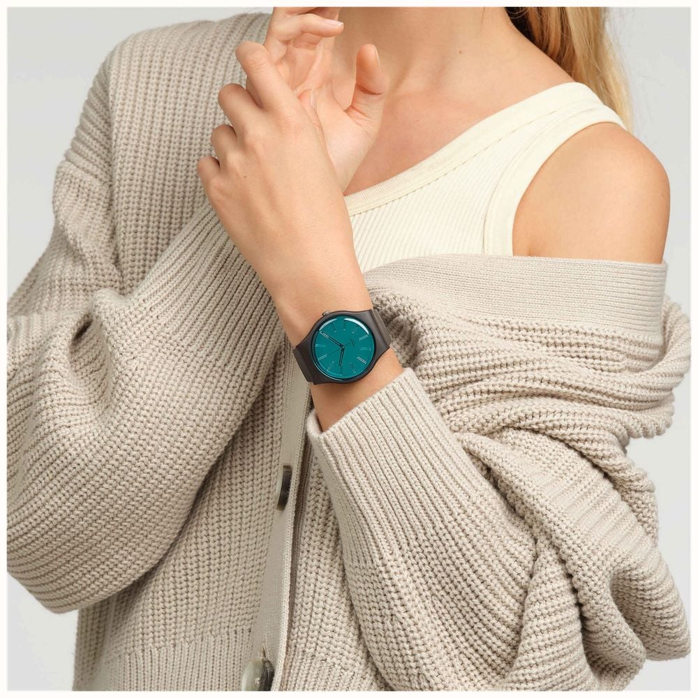 Swatch DARK DUALITY (41mm) Teal Dial / Brown Bio-Sourced Strap SO29C100 ...